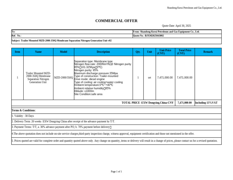 KERUI-Quotation For Trailer Mounted MZD-2000-350Q Membrane Separation ...