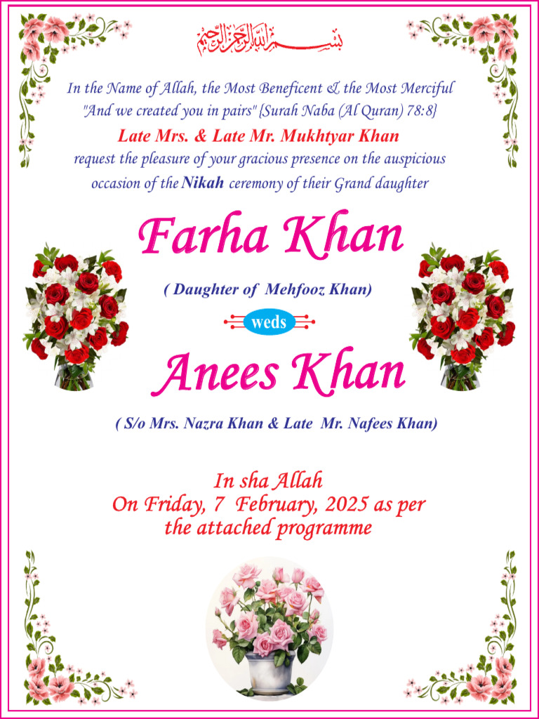 Farha Khan Weds Anees Khan Marrige Cards | PDF