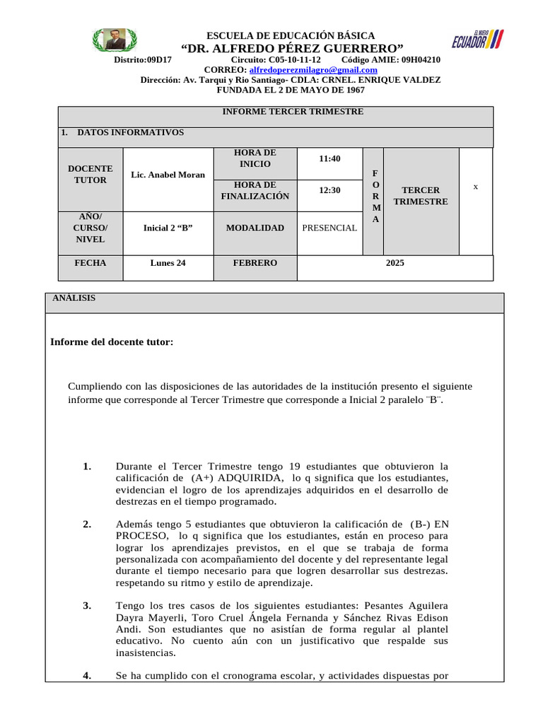 Acta Segundo Trimestre Informe Docente 5 Dic 24 | PDF | Aprendizaje | Cognición