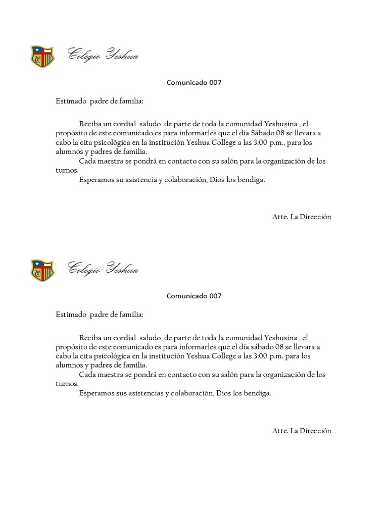 Comunicado 007 - Yeshua College 1 | PDF
