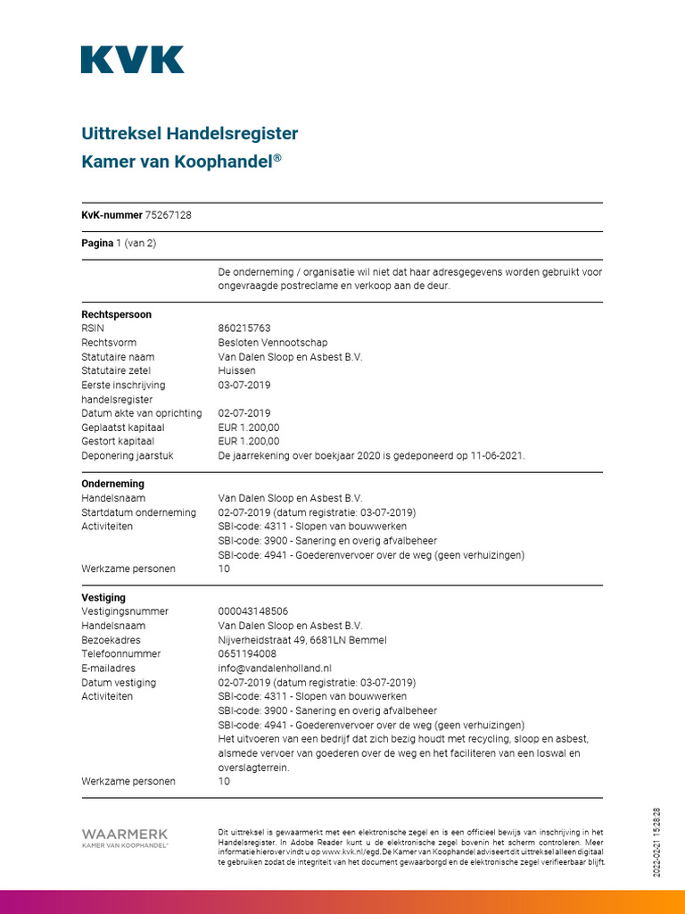 Uittreksel KVK VSDA Bemmel | PDF