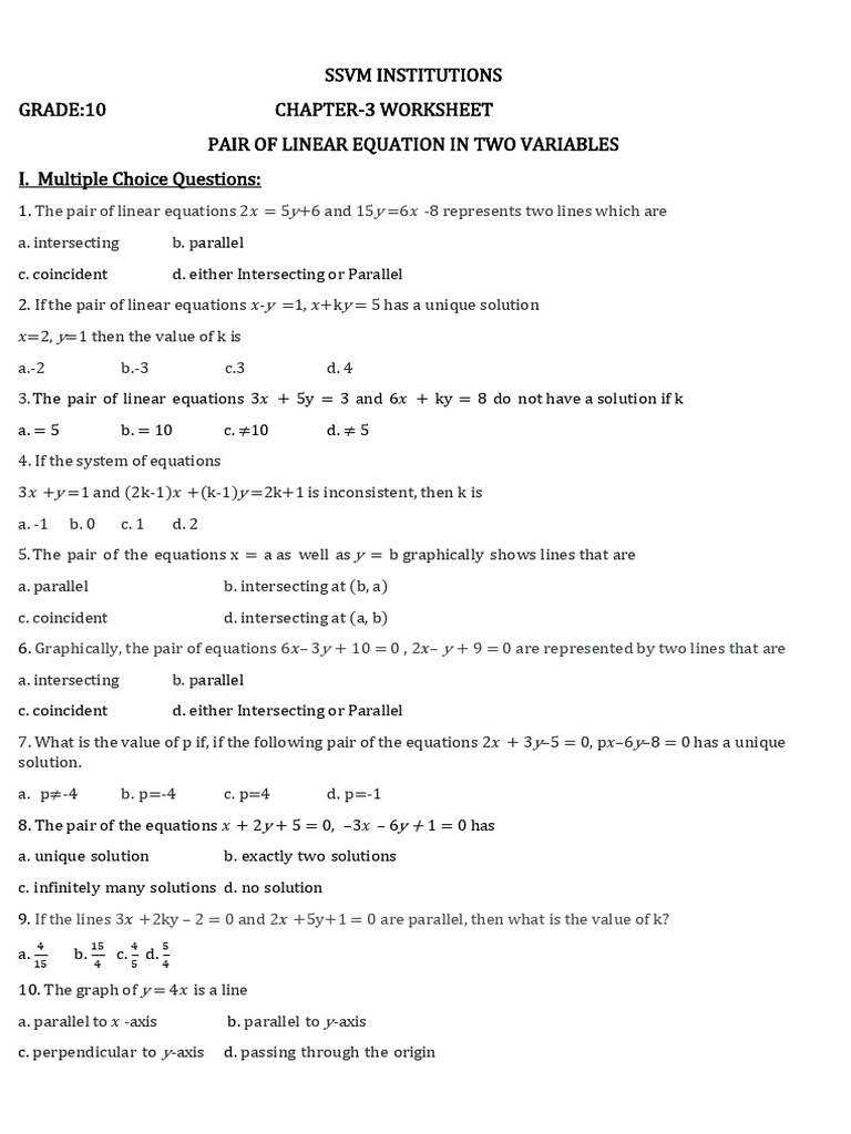 Work Sheet (Pair of Linear Equation) Take Printout1741093722440 | PDF ...