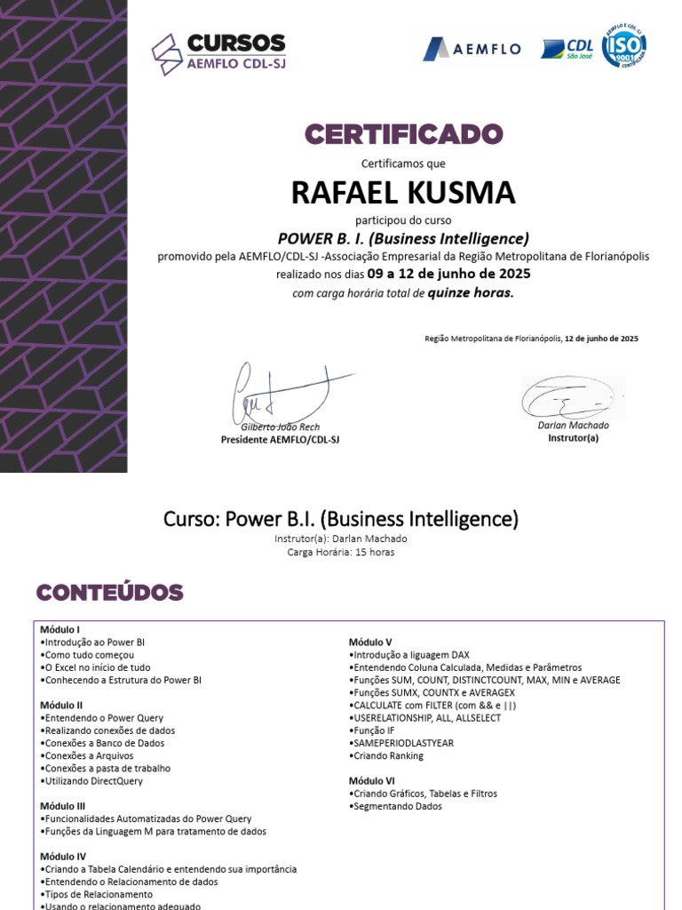 Certificado de Curso Power BI - Rafael Kusma | PDF | Inteligência ...