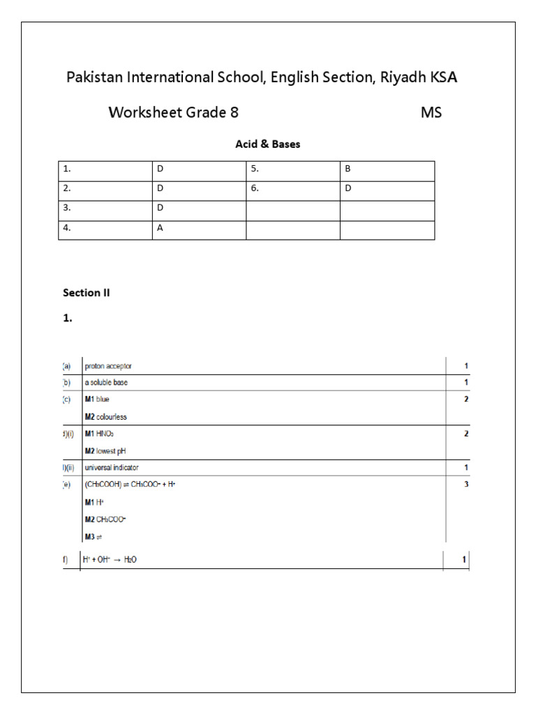 Grade 8 Acid & Bases Worksheet KSA | PDF