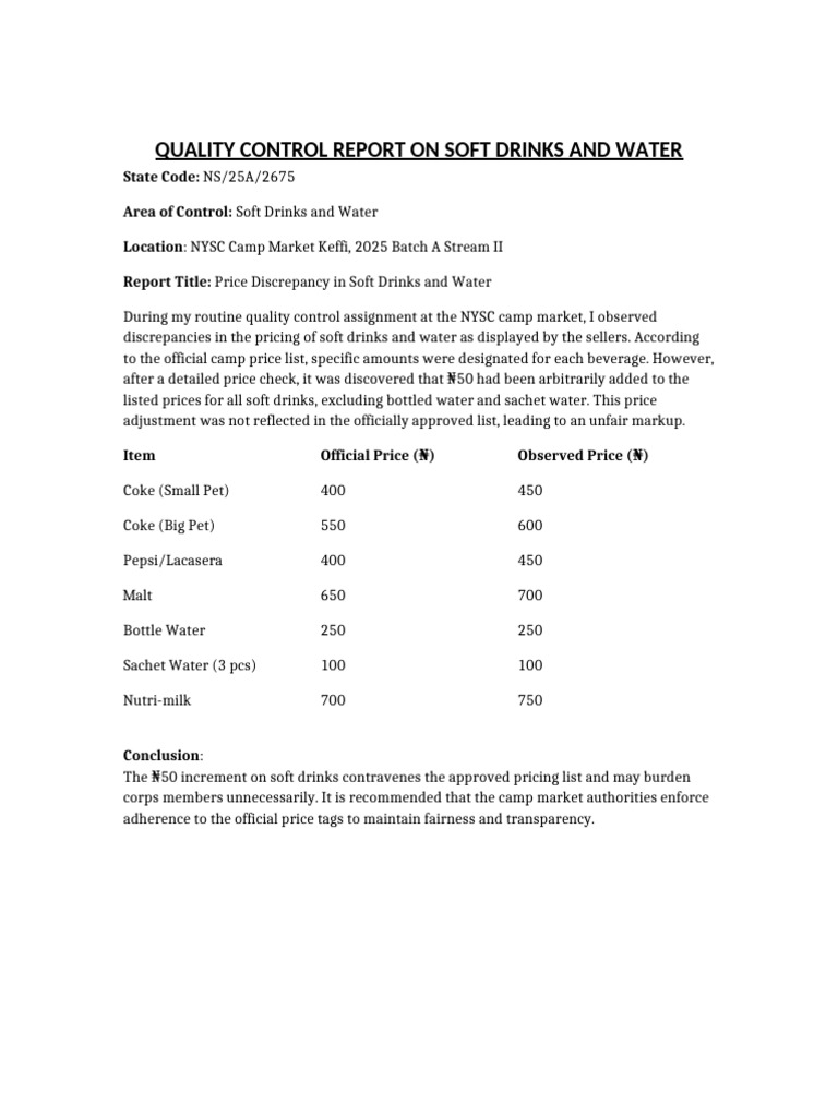 NYSC Quality Control Report Soft Drinks | PDF