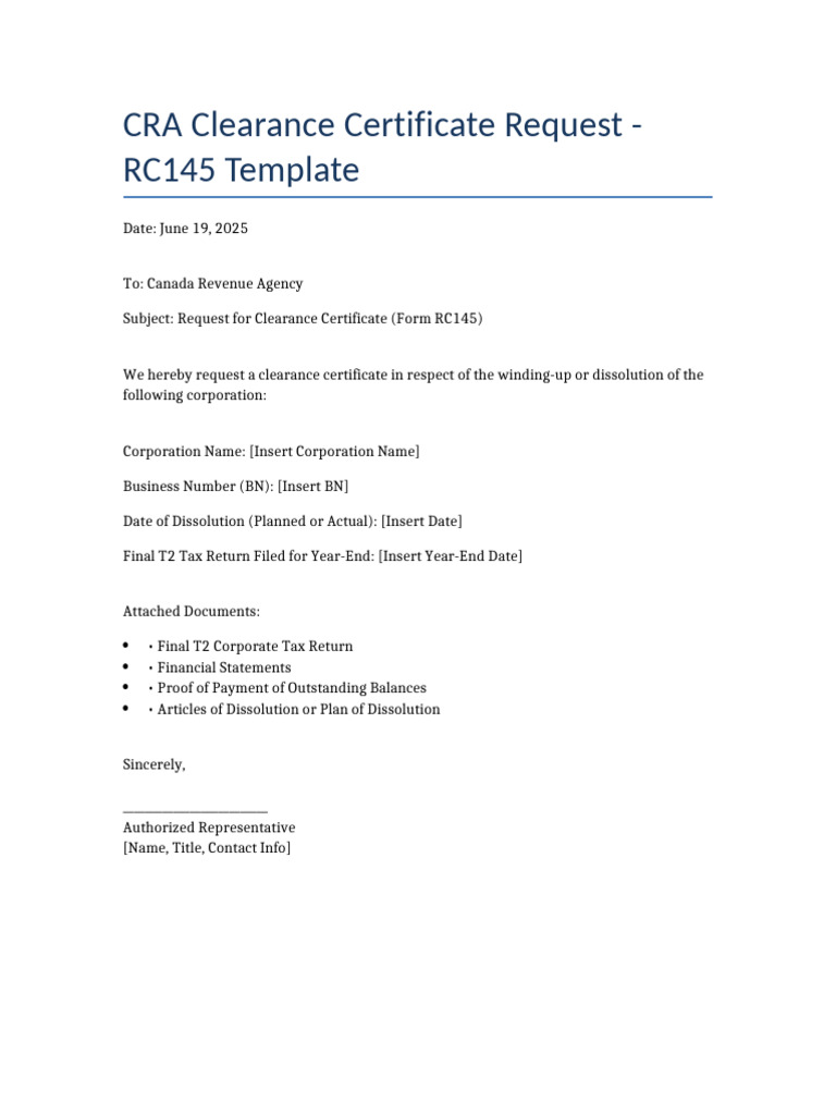 CRA Clearance Certificate Request Template RC145 | PDF