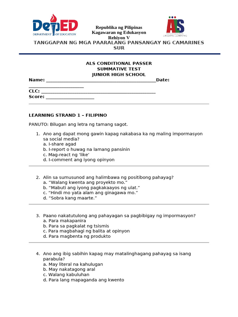 Final Summative Test Junior High School With Answer Key | PDF
