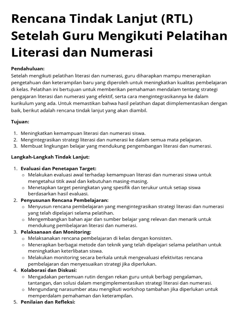 Rencana Tindak Lanjut Pasca Pelatihan Guru | PDF