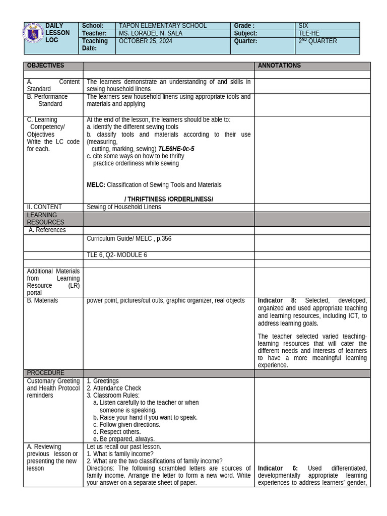 Cot 1 Daily Lesson Plan Tle 6 Sy2022 23 | PDF | Sewing | Seam (Sewing)