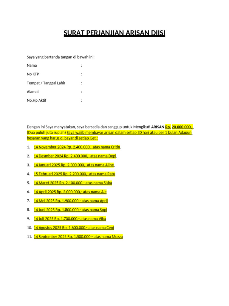 Surat Perjanjian Arisan | PDF
