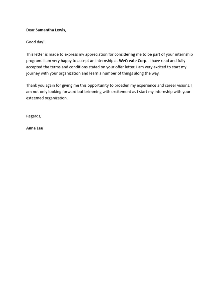 Internship Acceptance Thank You Letter Template | PDF