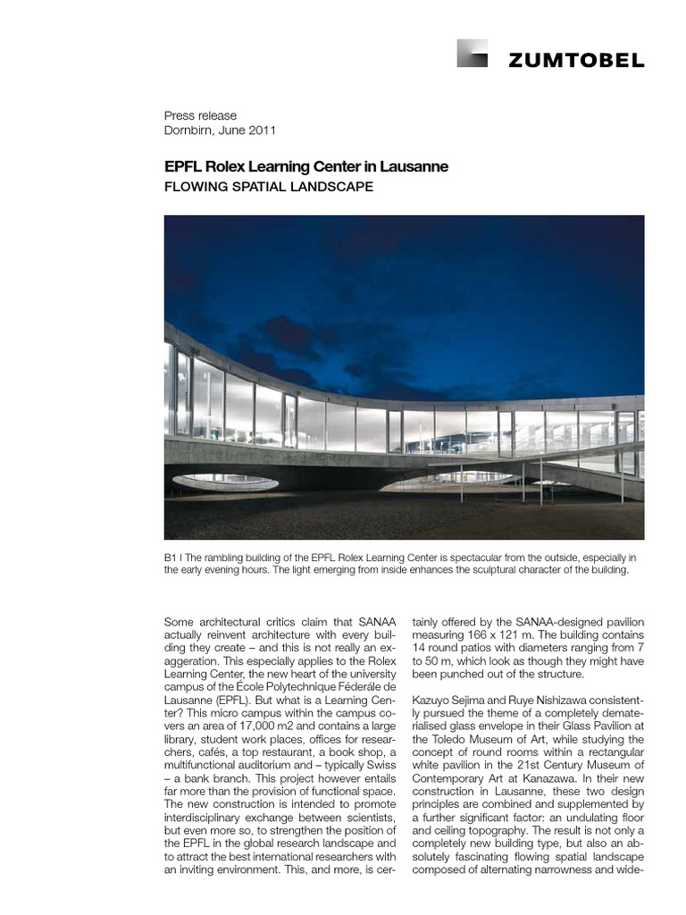 PR ZT EPFL Rolex Learning Center en | PDF | Lighting | Architectural ...