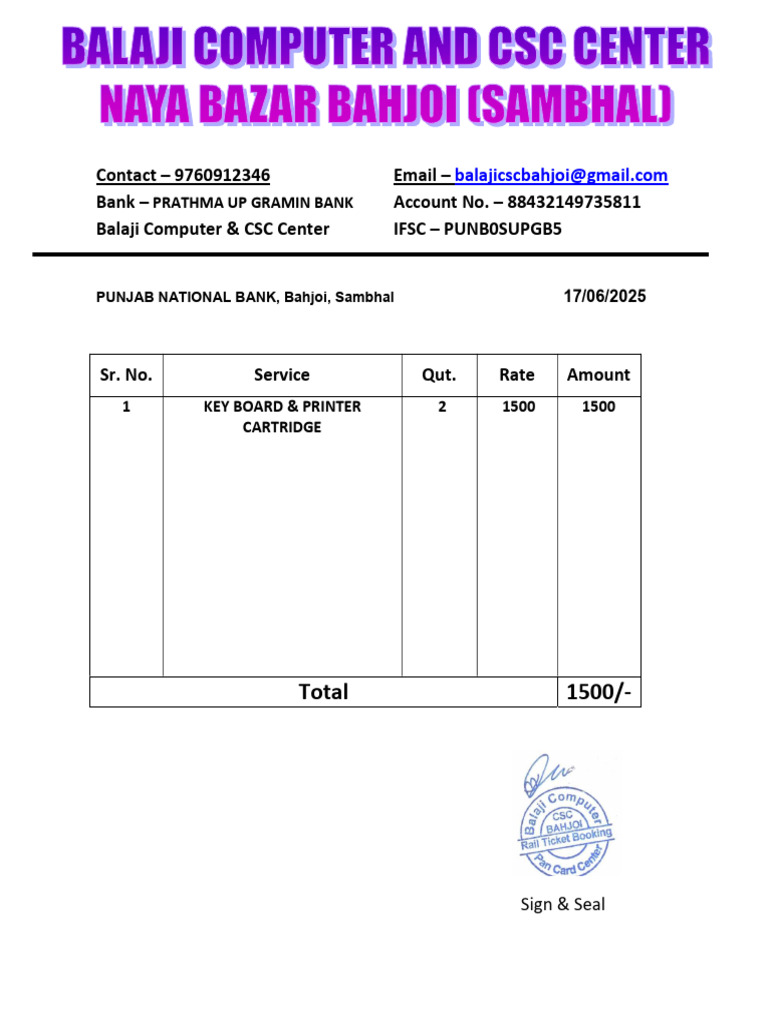 Contact - 9760912346 Email - Bank - Account No. - 88432149735811 Balaji ...