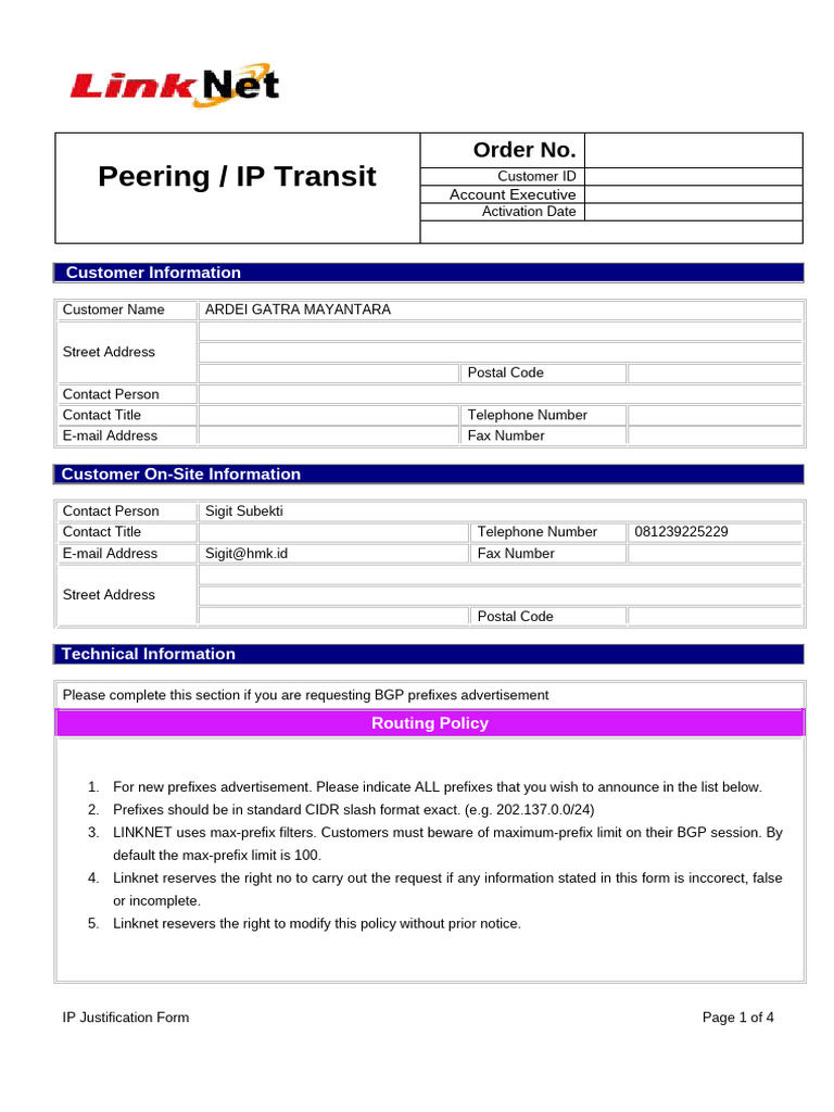 IP Transit and Peering Request Form | PDF | Ip Address | Internet Standards