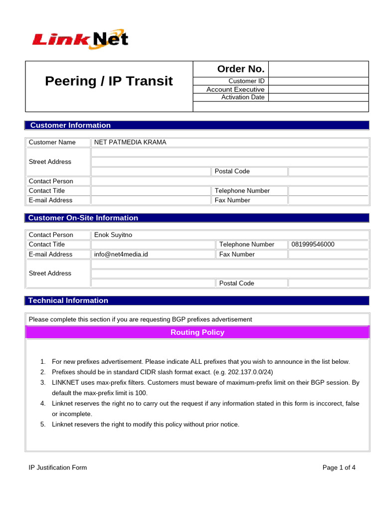 Peering-IP Transit Form Net Patmedia Krama | PDF | Ip Address | Computing