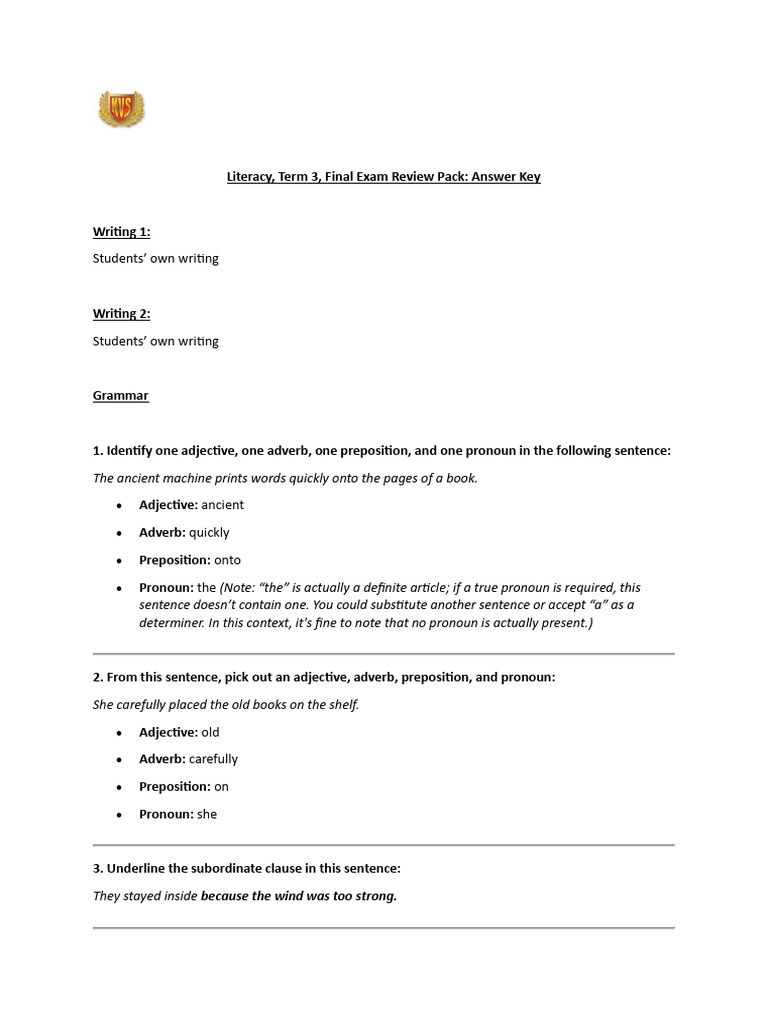 Term 3 Final Exam Review Pack Answer Key | PDF | Adverb | Adjective