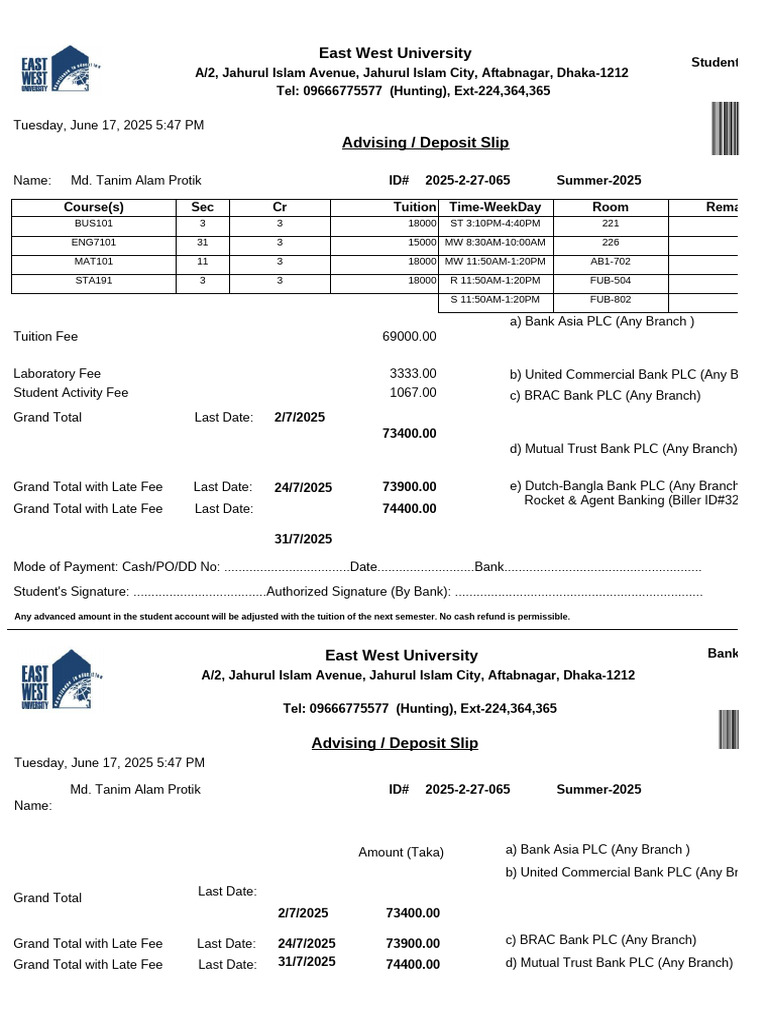 East West University Summer 2025 Fees | PDF | Financial Services | Banking