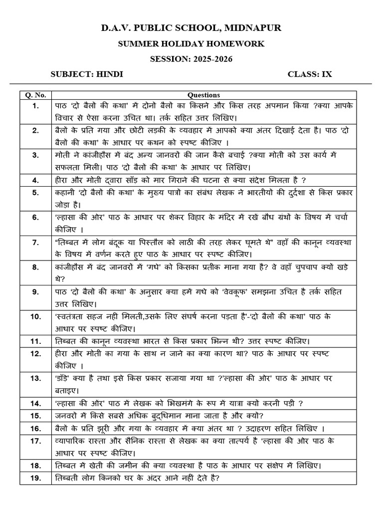Summer Homework Class Ix | PDF
