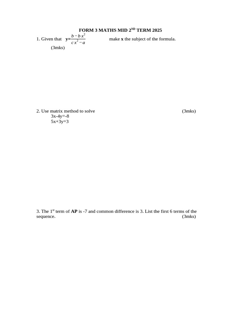 Form 3 Maths Mid 2nd Term 2025 | PDF | Interest | Mathematics