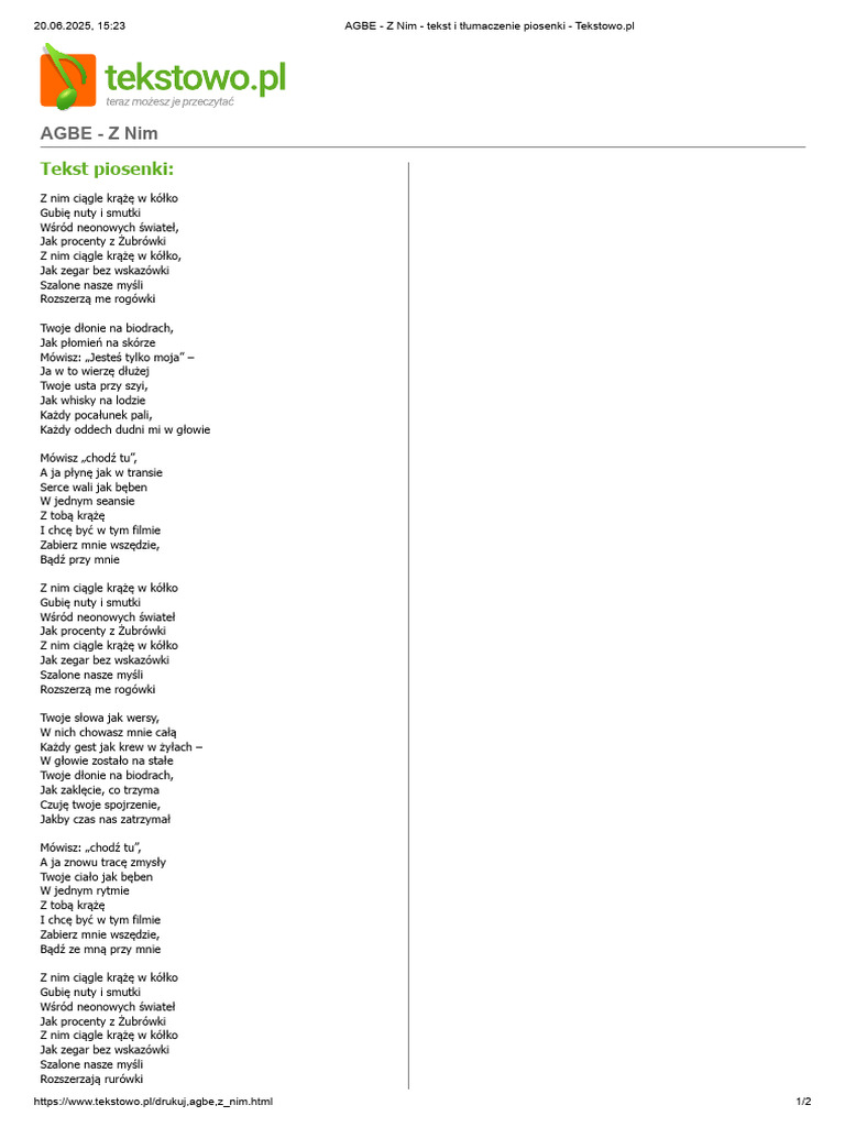 AGBE - Z Nim - Tekst I Tłumaczenie Piosenki - Tekstowo - PL | PDF
