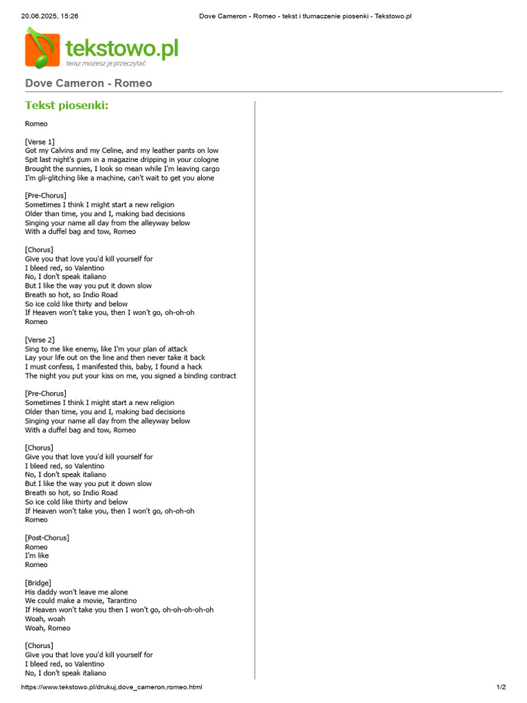 Dove Cameron - Romeo - Tekst I Tłumaczenie Piosenki - Tekstowo - PL | PDF