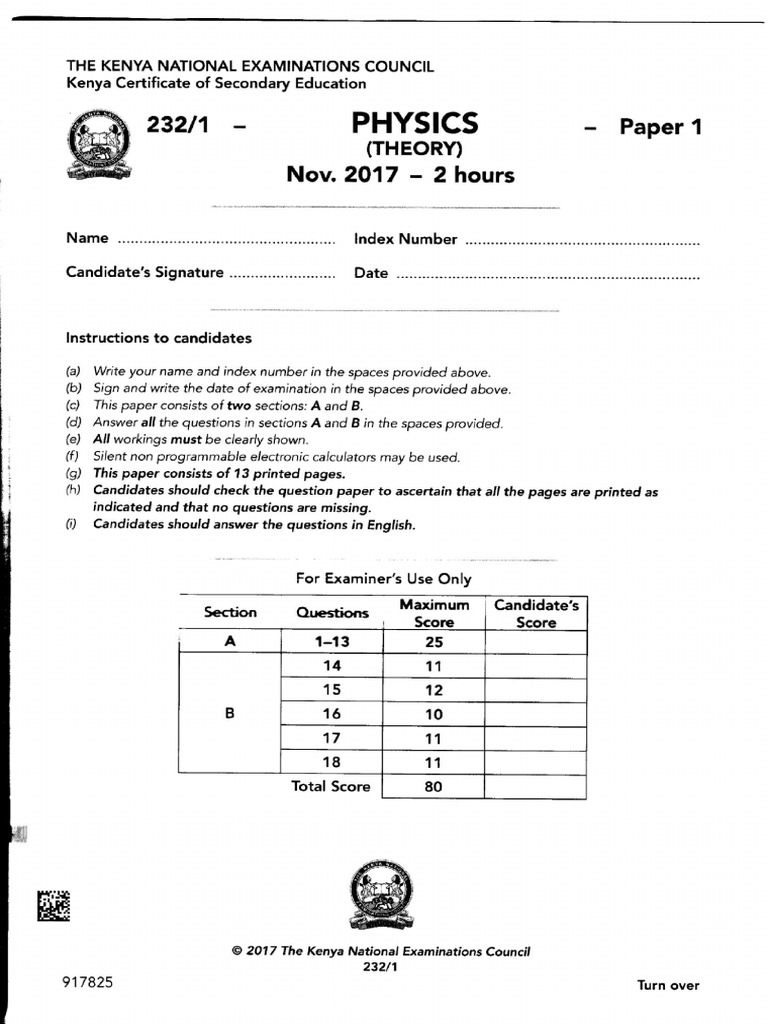 Kcse 2017 Physics Pp1 | PDF