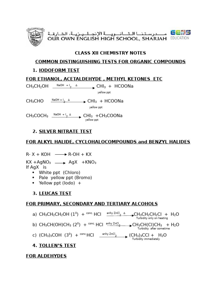 Class Xii Chemistry Notes - Distinguishing Tests | PDF | Aldehyde | Amine