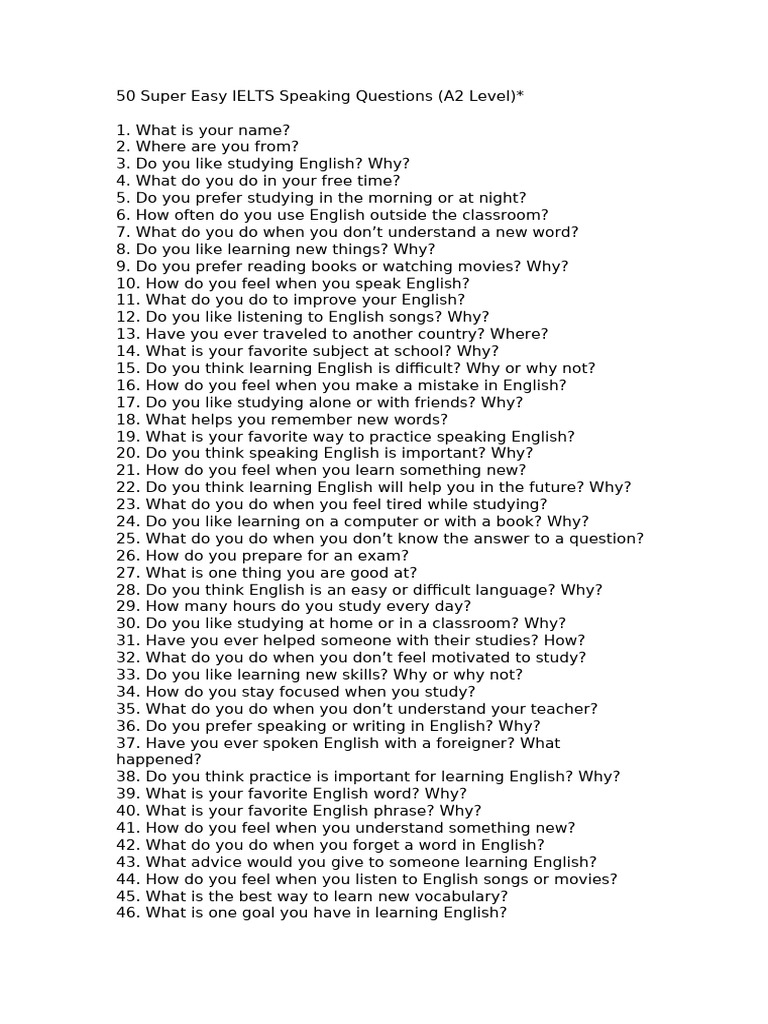 50 Super Easy IELTS Speaking Questions | PDF | English Language