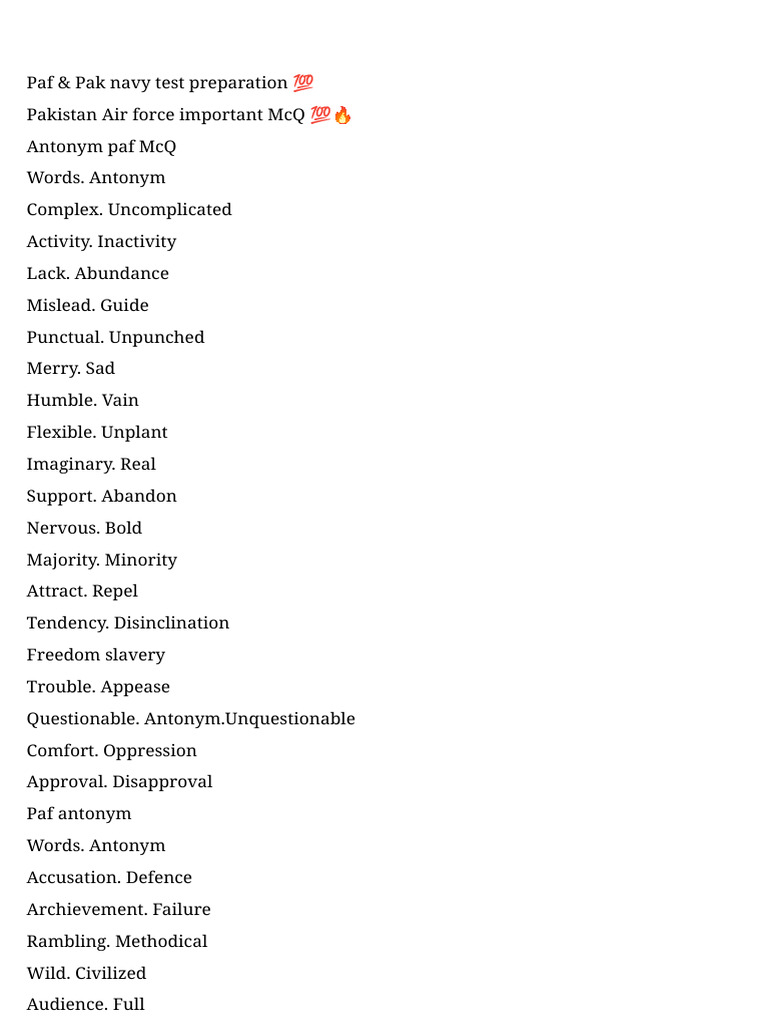 Antonym & Synonym Paf, Navy Army Important MCQ | PDF