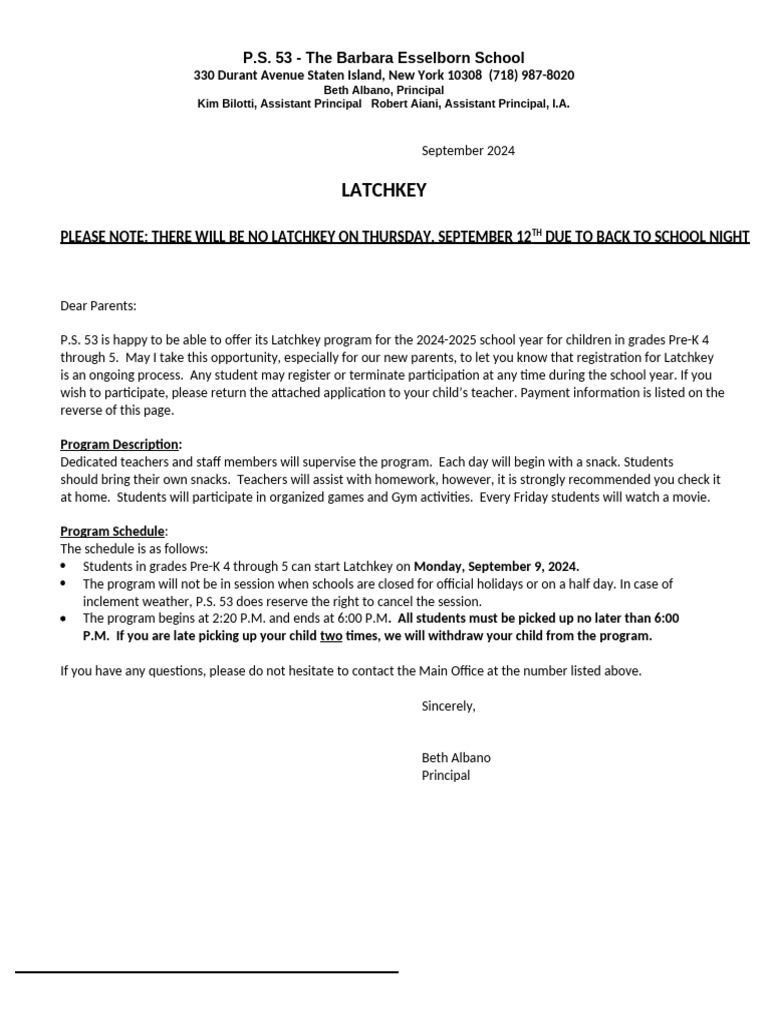 P.S. 53 Latchkey Program Details 2024-2025 | PDF