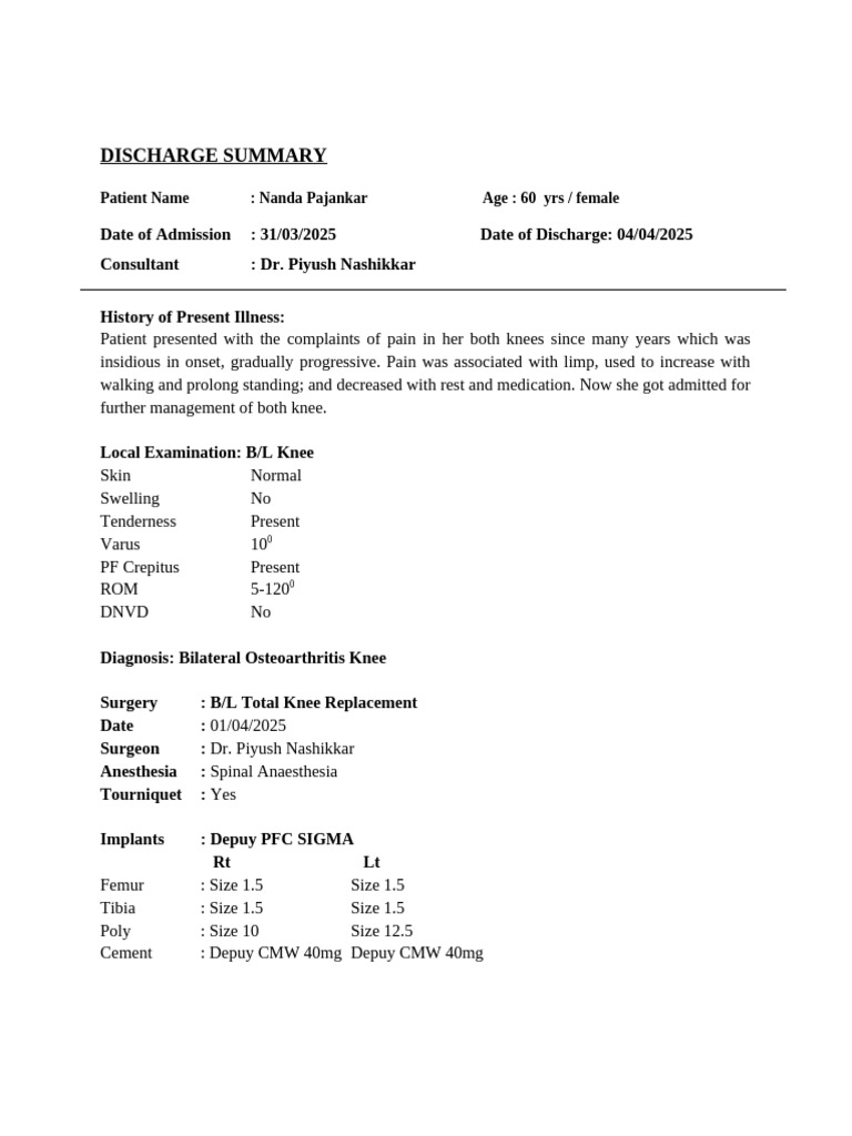 Nanda Pajankar Discharge Summary | PDF | Knee | Medical Specialties