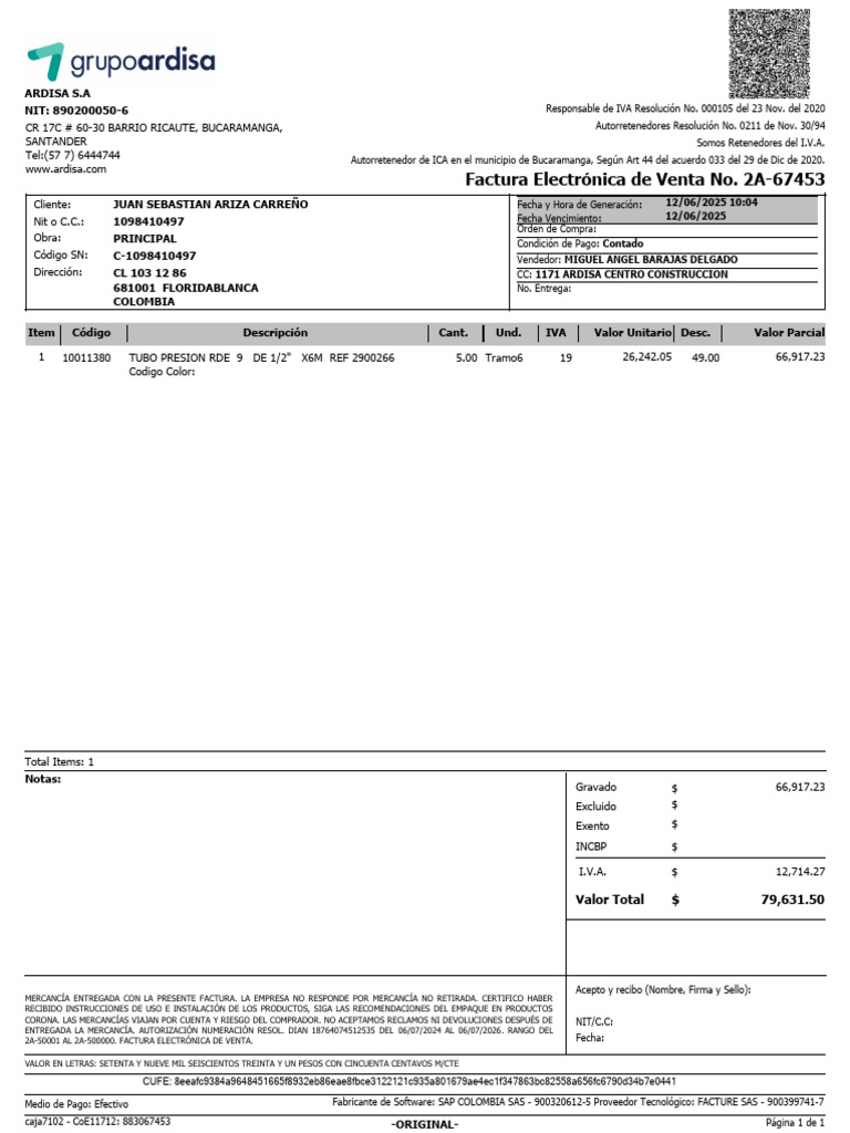 Factura Electrónica de Venta No. 2A-67453: NIT: 890200050-6 Ardisa S.A ...