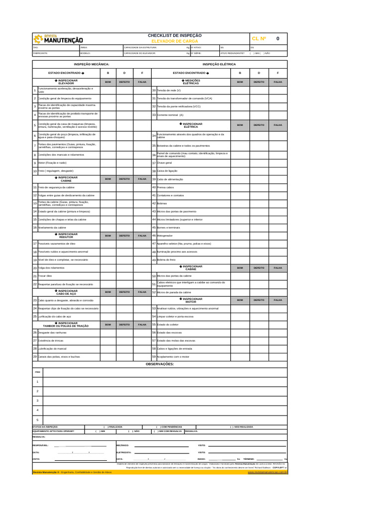 Checklist - Elevador de Carga | PDF