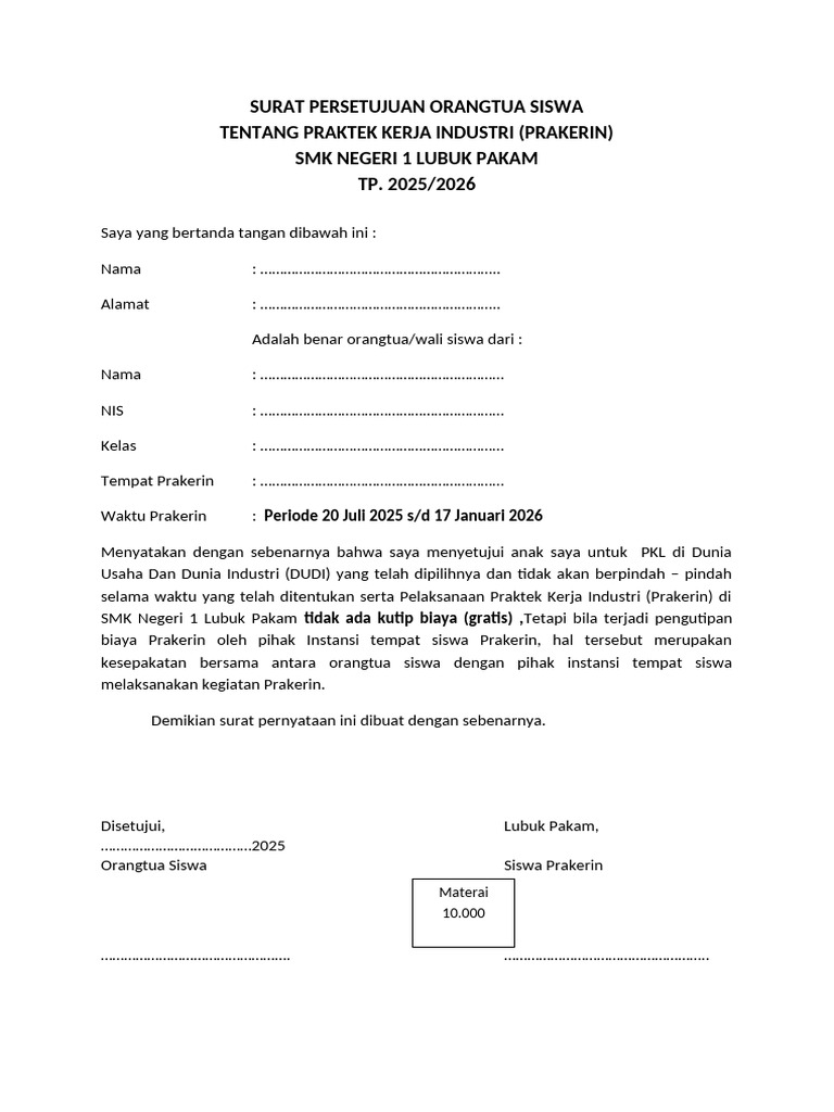 Surat Persetujuan Oran Tua Siswa | PDF