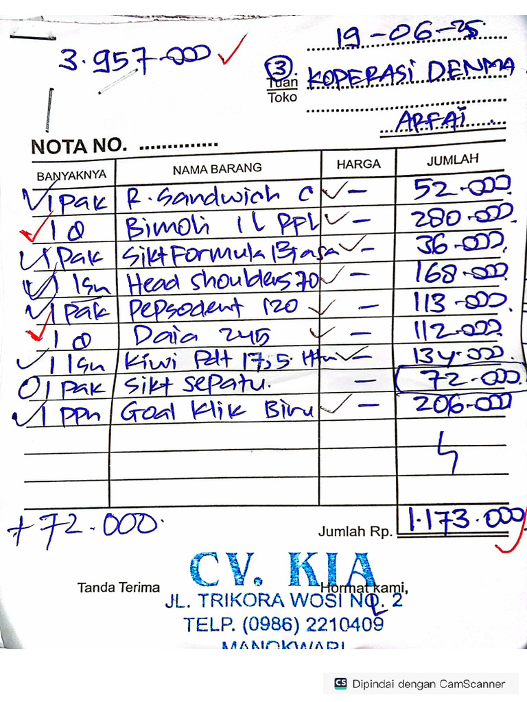 Nota Belanja BRG Di KIA 19-6-2025 | PDF