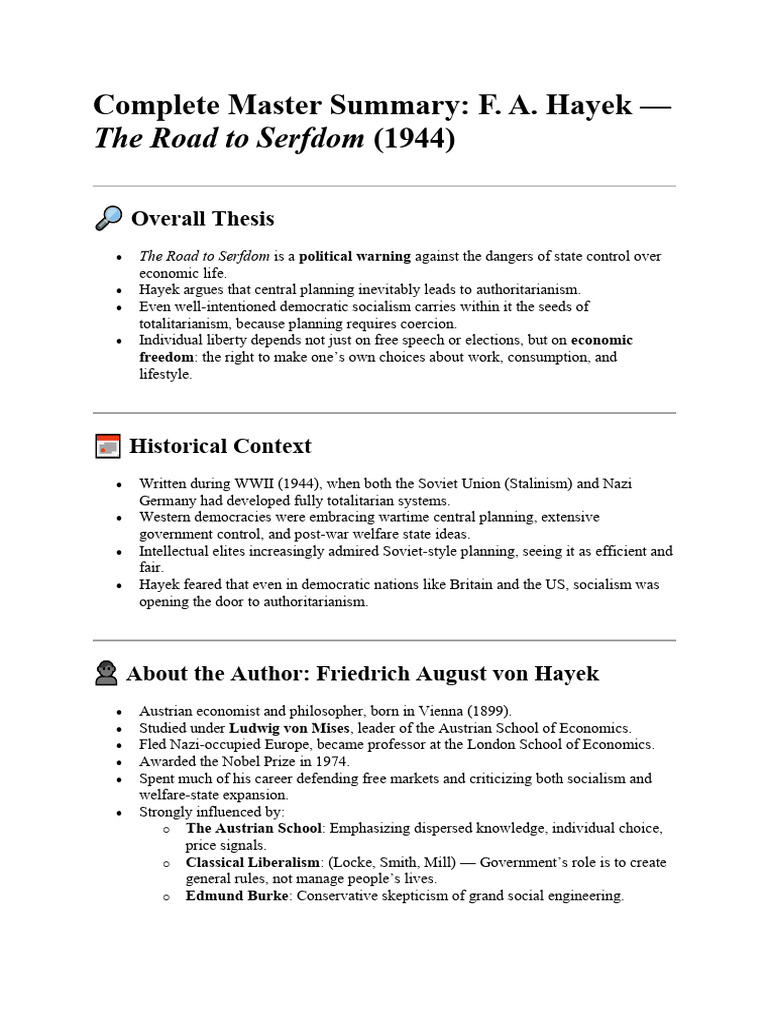 Complete Master Summary Road To Serfdom | PDF | Friedrich Hayek | Socialism