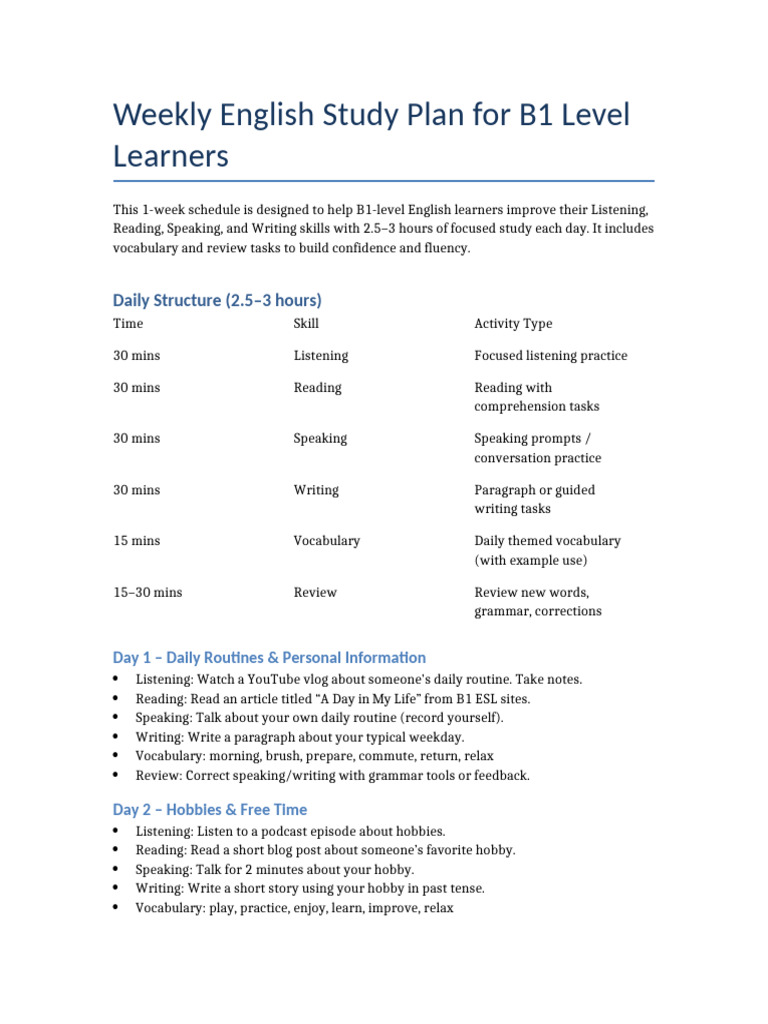 B1 Weekly English Study Schedule | PDF | English As A Second Or Foreign Language | Vocabulary