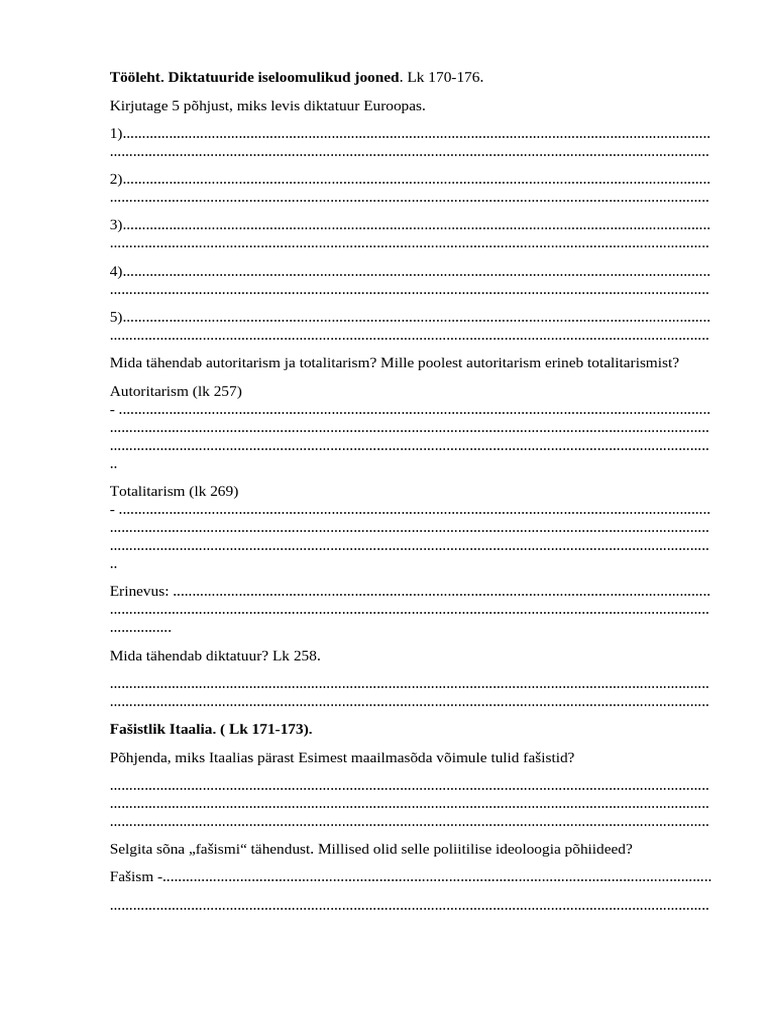 Tööleht. Diktatuuride Iseloomulikud Jooned | PDF