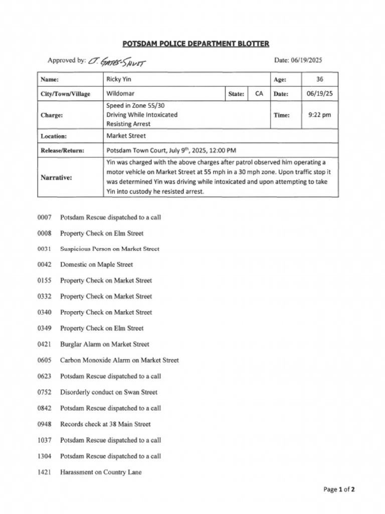 Potsdam Village Police Dept. Blotter June 19, 2025 | PDF