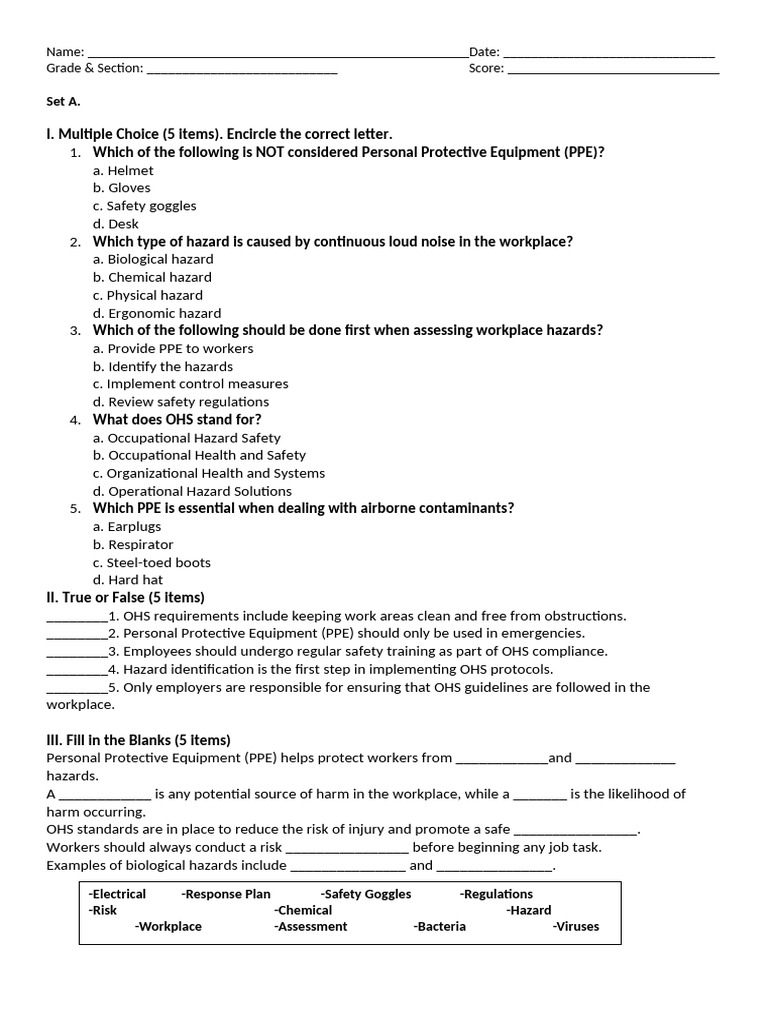 Workplace Safety: PPE and OHS Quiz | PDF | Personal Protective ...