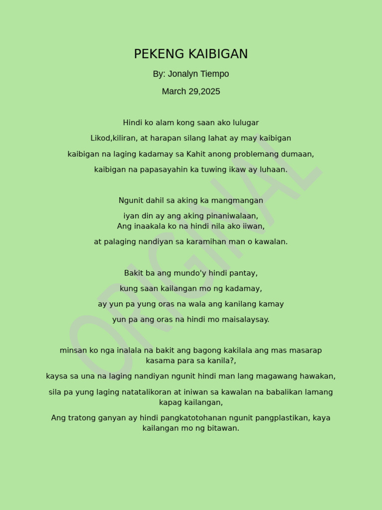 PEKENG KAIBIGAN (Poem by Jonalyn) | PDF