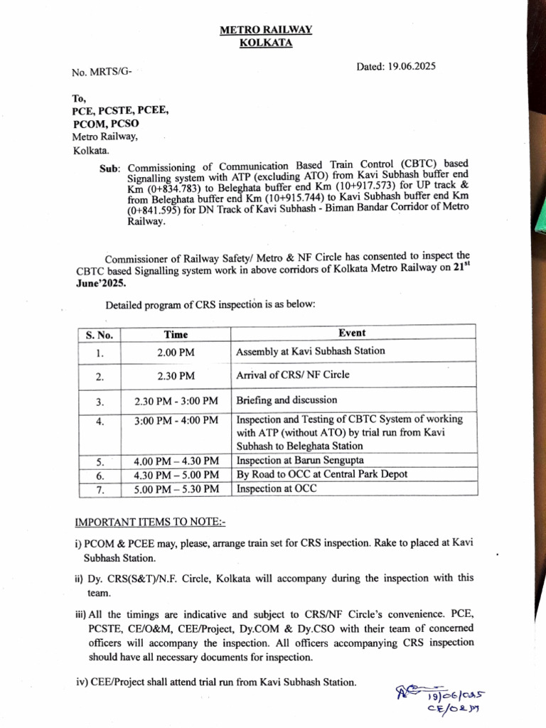 On 21.6.25 CRS Inspection On CBTC Section KKSO-KBGA | PDF | Rapid ...