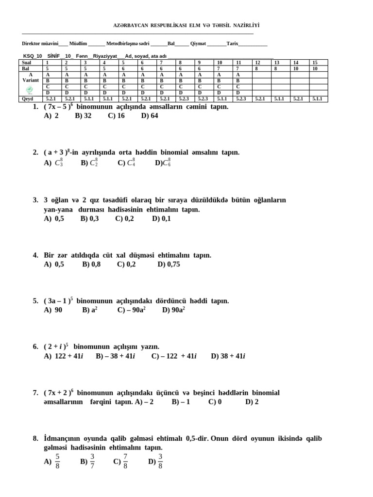 10 Cu Sinif Ksq 10 S.vusale | PDF