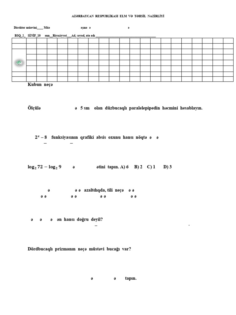 10 Sinif BSQ 2 20 Sual S.vusale-1 | PDF
