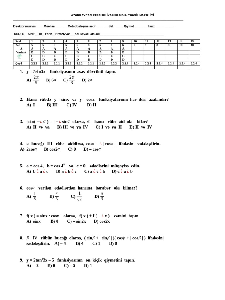 10 Sinif KSQ 5 Gulmirə M | PDF