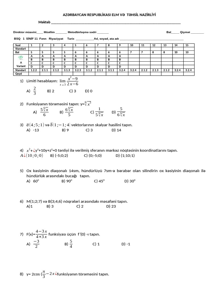 11 Ci Sinif BSQ 1 Z. Gulmire | PDF