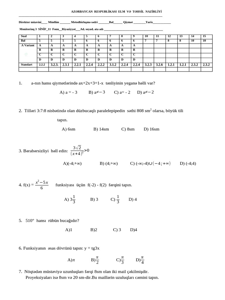 11 Ci Sinif Monitorinq 3 S.vüsalə | PDF