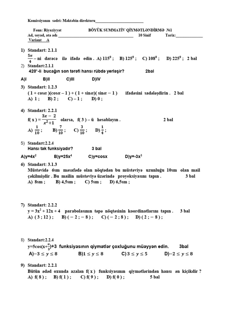 10 Sinif BSQ 20 Sual Z.gülmirə | PDF