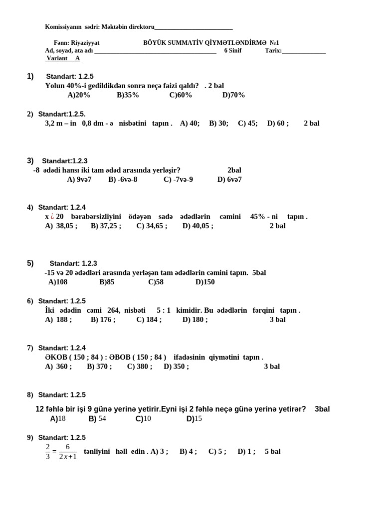 6 Sinif BSQ 1 20 Sual Z - Gülmirə | PDF