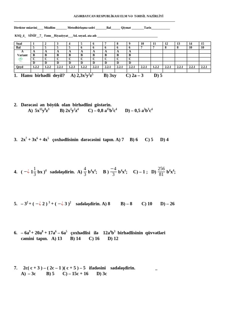 7 Sinif KSQ 4 S. Vüsalə | PDF